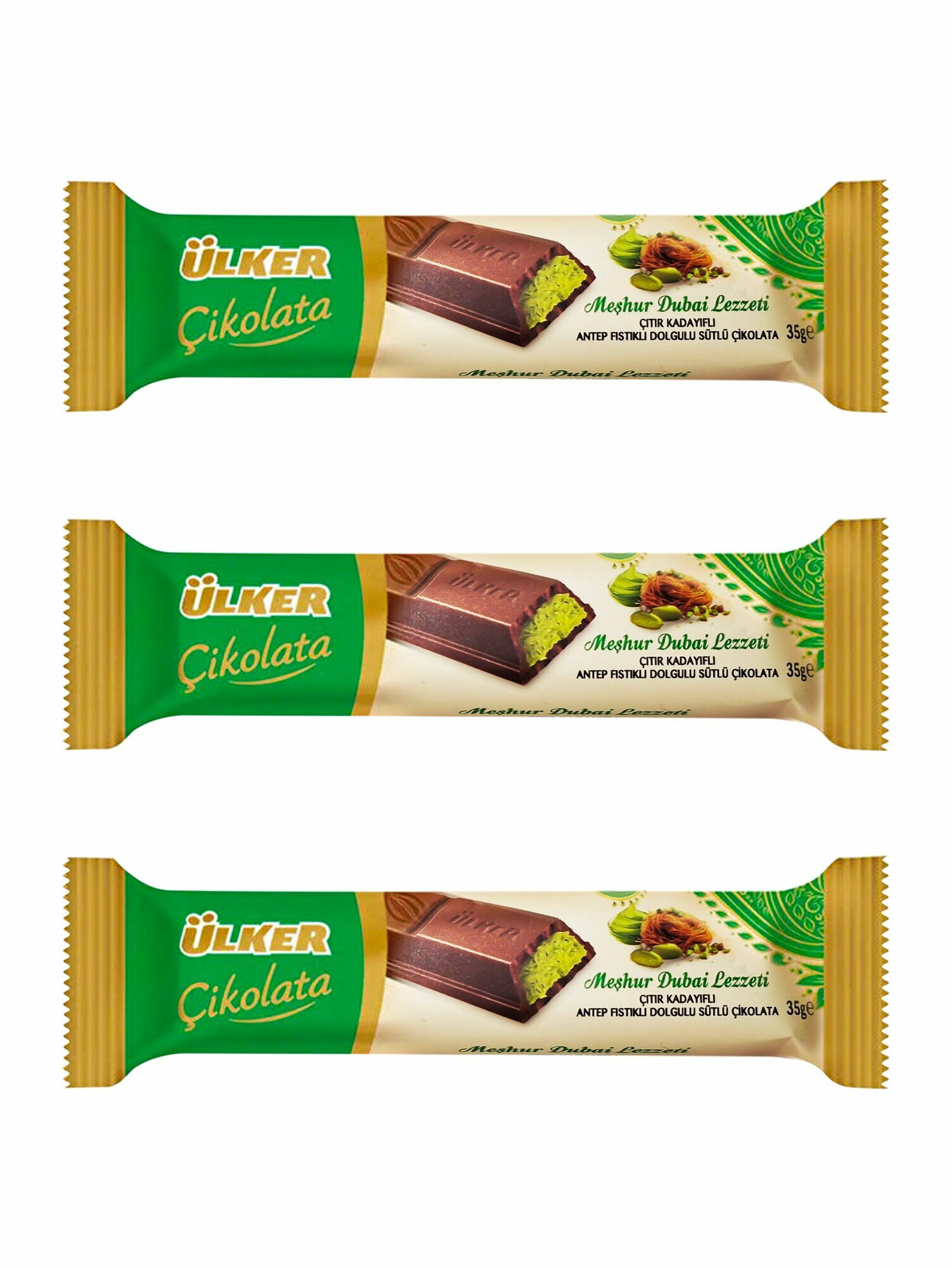 Дубайский шоколад c хрустящей фисташковой начинкой, "Ulker", Dubai Cikolata, 3шт. по 35гр. Турция