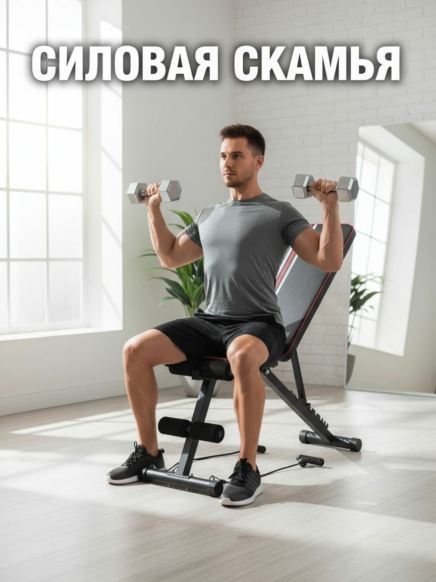 Силовая скамья для жима и пресса складная, с эспандерами, с наклонной спинкой для дома и зала регулируемая