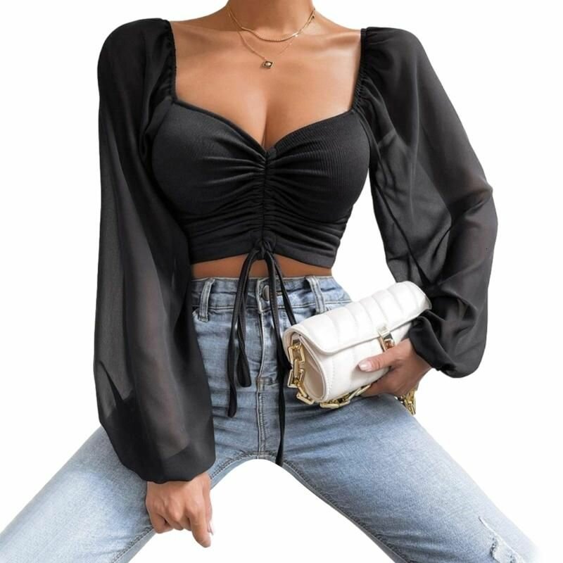 Женская прозрачная блузка из чиффона с длинными рукавами, Черный - L