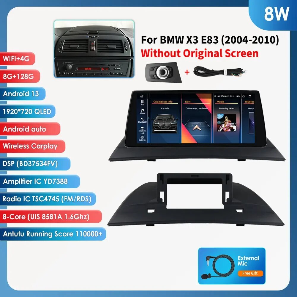 Беспроводной Carplay Android 14 Auto Stereo 2 Din Автомобильный радиоприемник для BMW X3 E83 W8