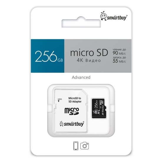 Карта памяти Smartbuy micro SDXC 256Gb Advanced Series UHS-I U3 V30 A1 + ADP (90/55 Mb/s)