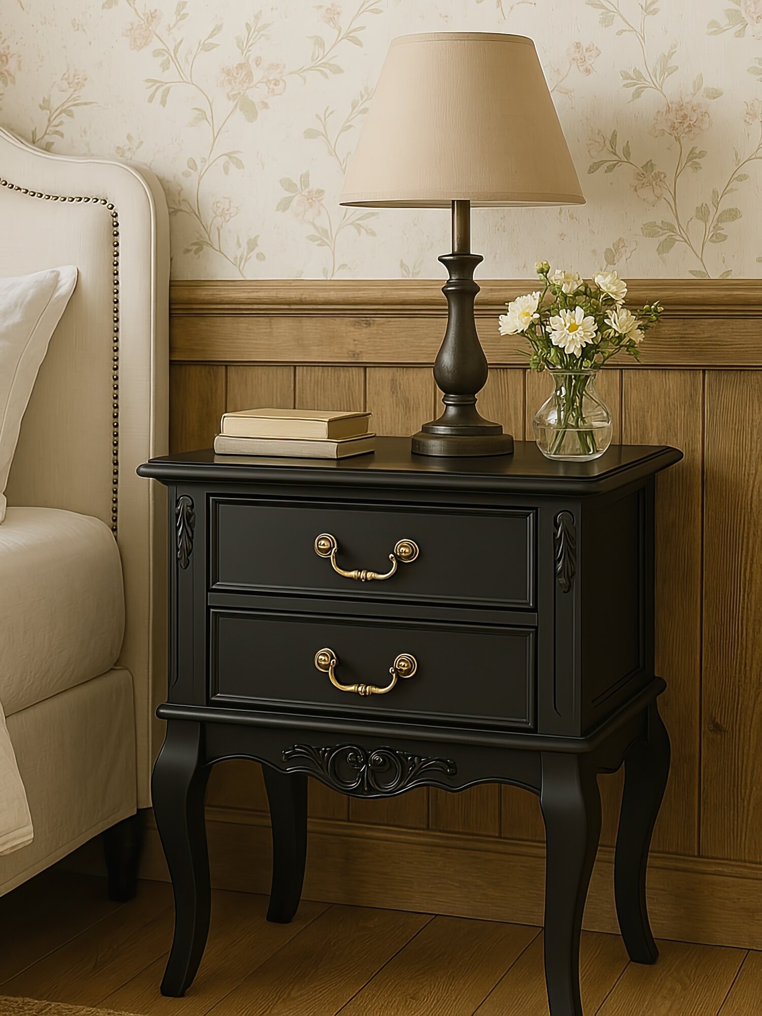 Тумба прикроватная Ля Нэж "Blak Wood", стиль Прованс, чёрный, деревянный, 2 ящика