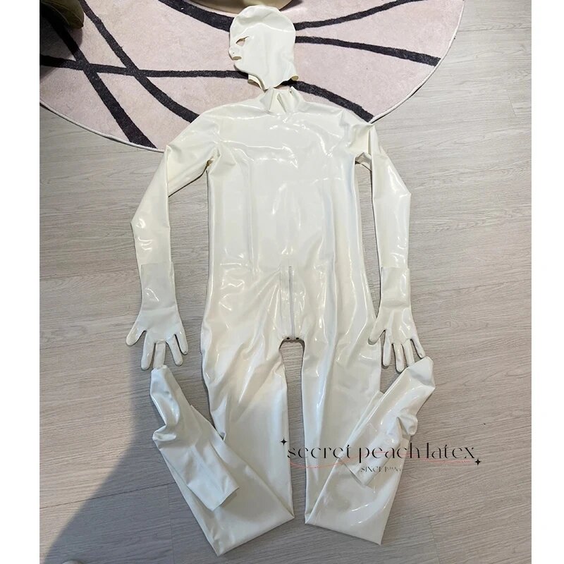 Сексуальное латексное боди Комбинезон с латексными носками, перчатки с капюшоном, белая M-L, черный