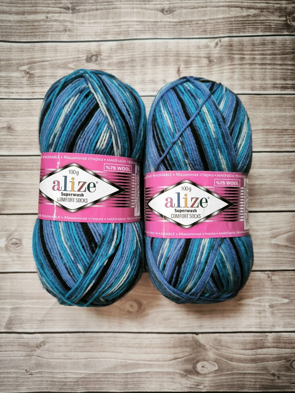 Пряжа носочная Alize Superwash Comfort socks, 4446 разноцветный (разные лоты!), Набор 2 мотка, вес мотка 100 гр, длина нити 420 м, 75% шерсть, 25% полиамид / Ализе супервош комфорт сокс