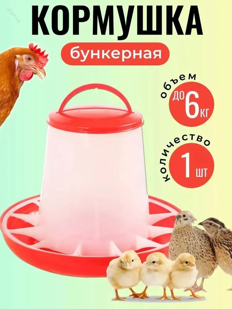 Бункерная кормушка для птицы до 6 кг, красная, пластик, для кур, уток, гусей и индюков