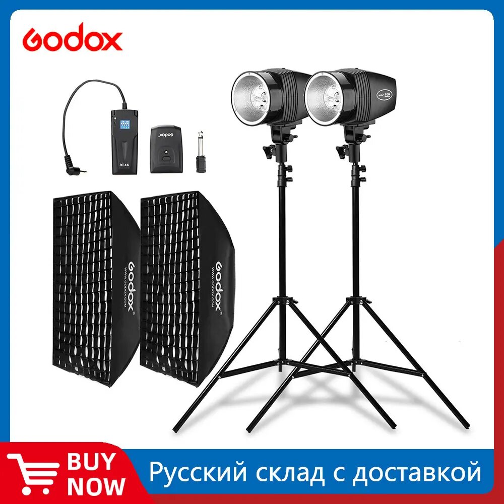 Godox 360Ws 2x K-180A Комплект студийной вспышки + триггер RT-16 + софтбокс 2 сотовых сеток 50x70 см + подставка для освещения 2x 190 см