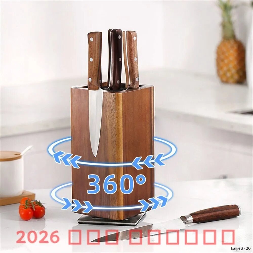Держатель кухонный для ножей, деревянный, вращающийся на 360 градусов, 24.6 см х 11.6 см х 24.6 см