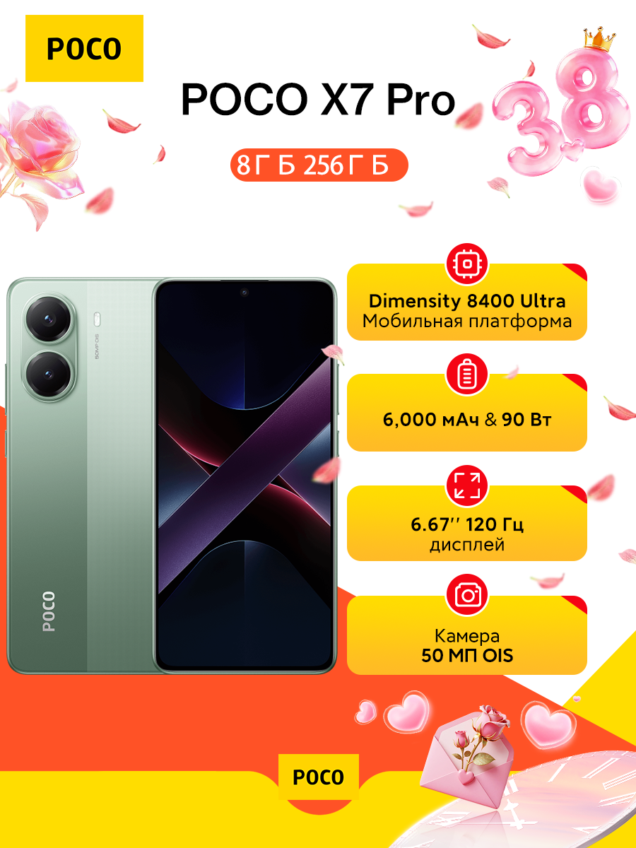 Смартфон Xiaomi Poco X7 Pro 5G Green 8/256 GB, Глобальная версия зеленый