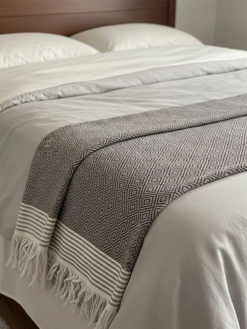 Плед - покрывало хлопковый вязаный серый двусторонний 200 х 260 см с бахромой на кровать и диван
