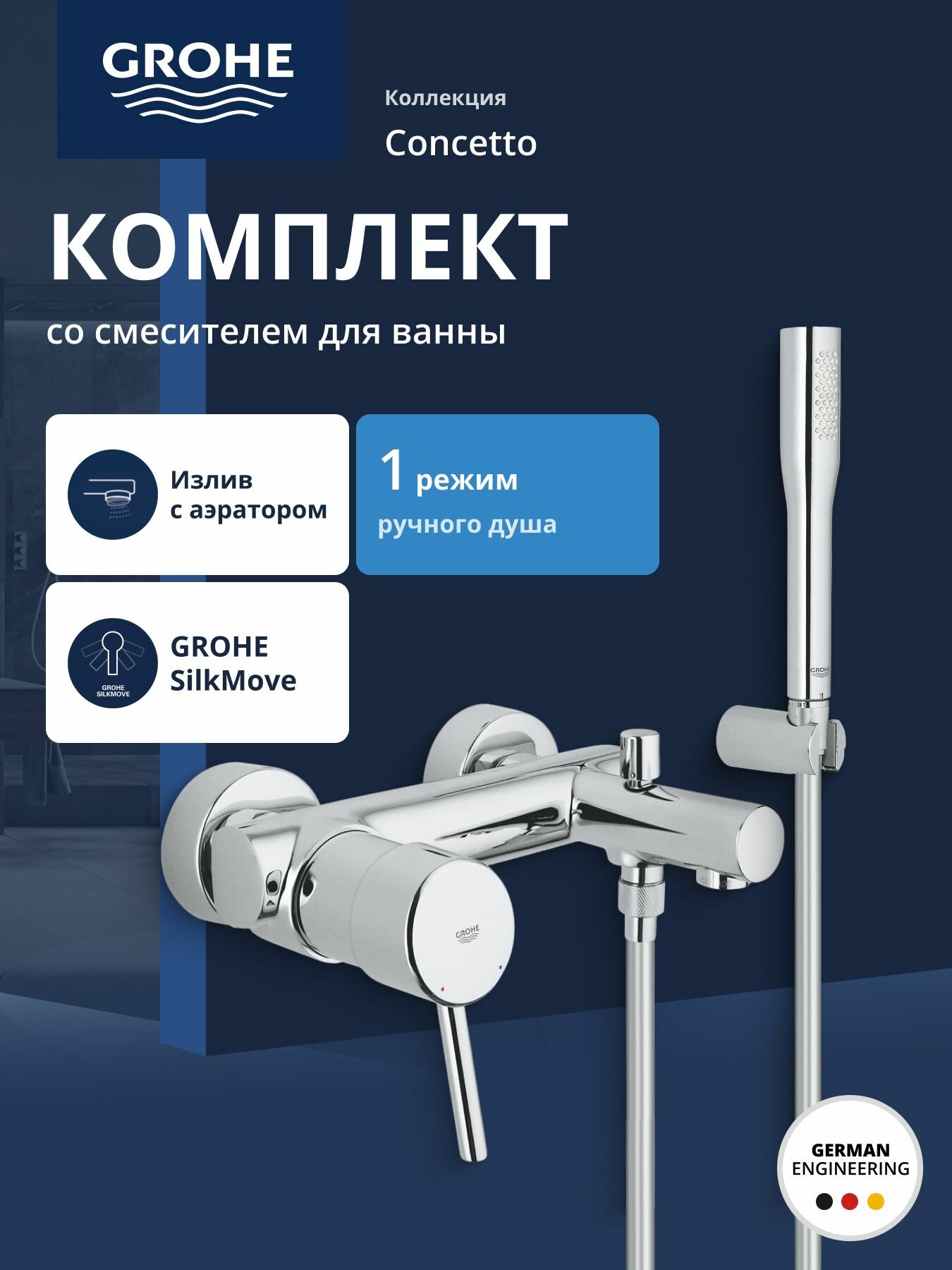 Смеситель для ванны GROHE Concetto с душевым гарнитуром, хром (32212001)