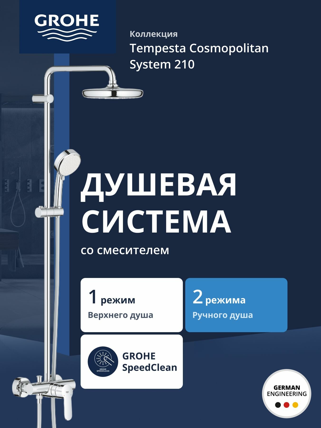 Душевая система GROHE Tempesta Cosmopolitan 210 со смесителем, хром (26224001)