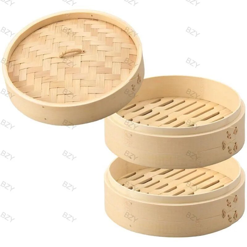 Мантоварка бамбуковая 24cm Steamer - 2 Baskets 1 Cover для приготовления пищи — фото 1