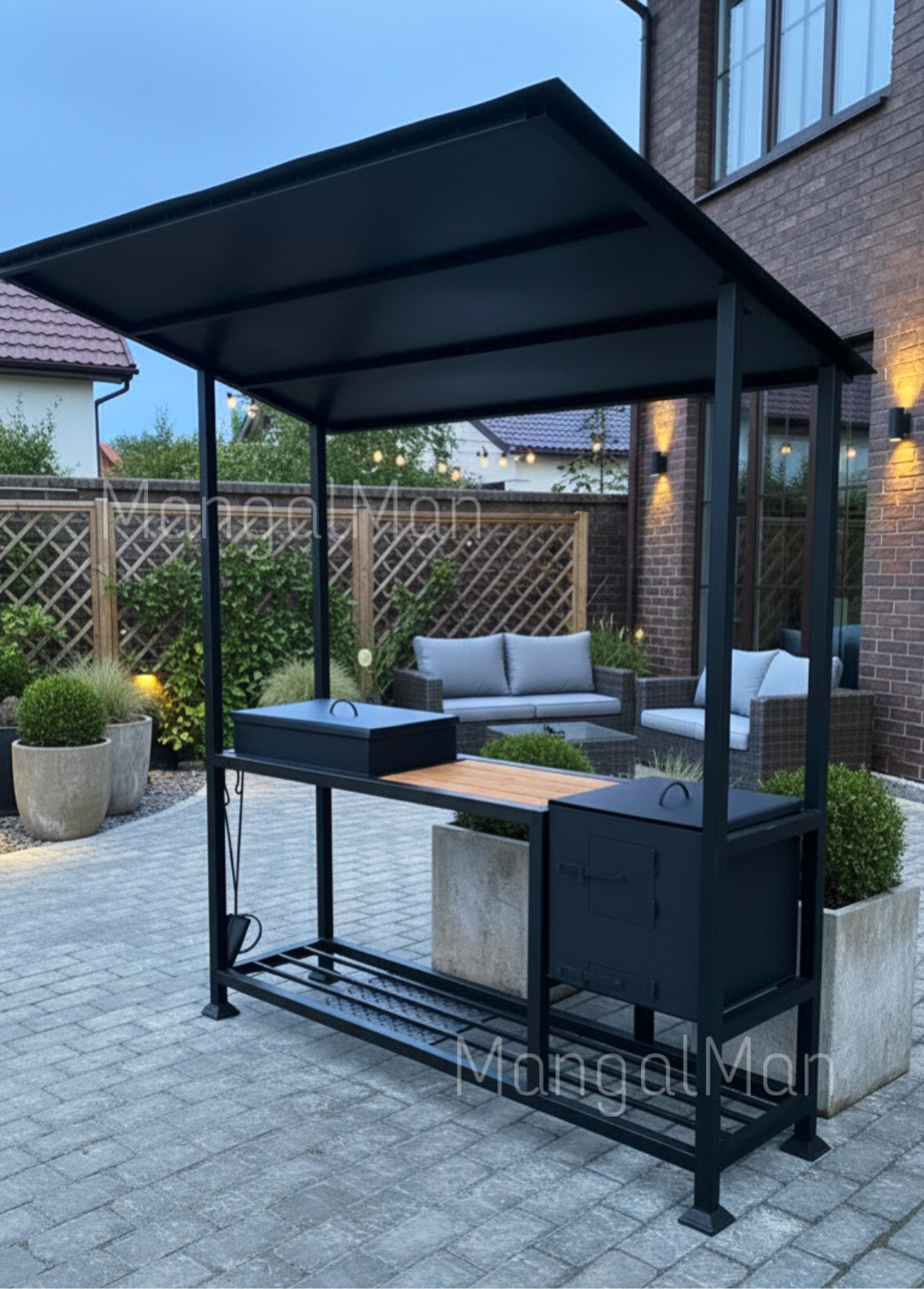 Мангал с крышей, 3 мм жаровня, универсальный, сварной, для дачи, 180см x 60см x 220см, чёрный