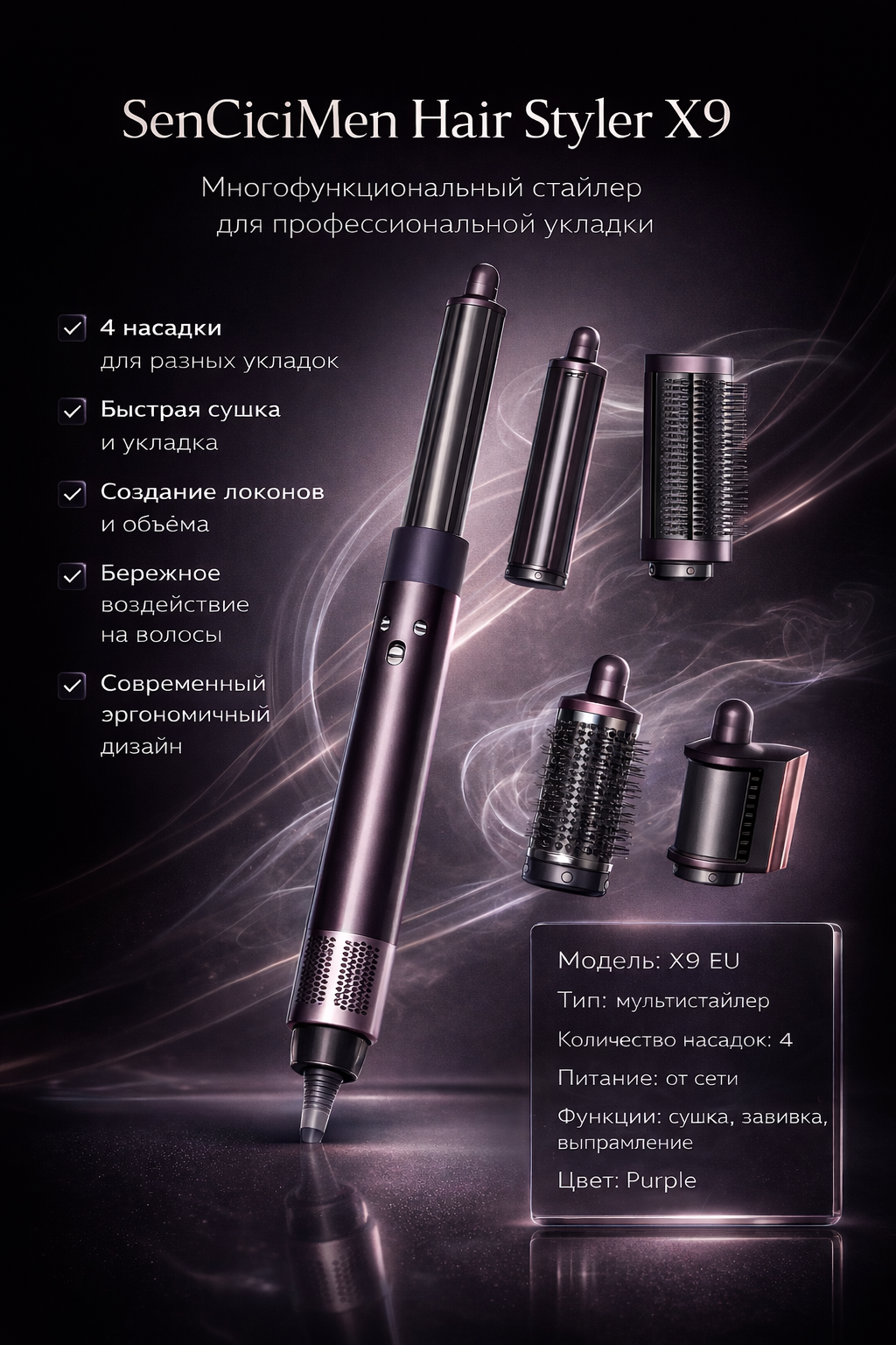 Мультистайлер SenCiciMen Multifunction Hair Styler X9 EU Purple