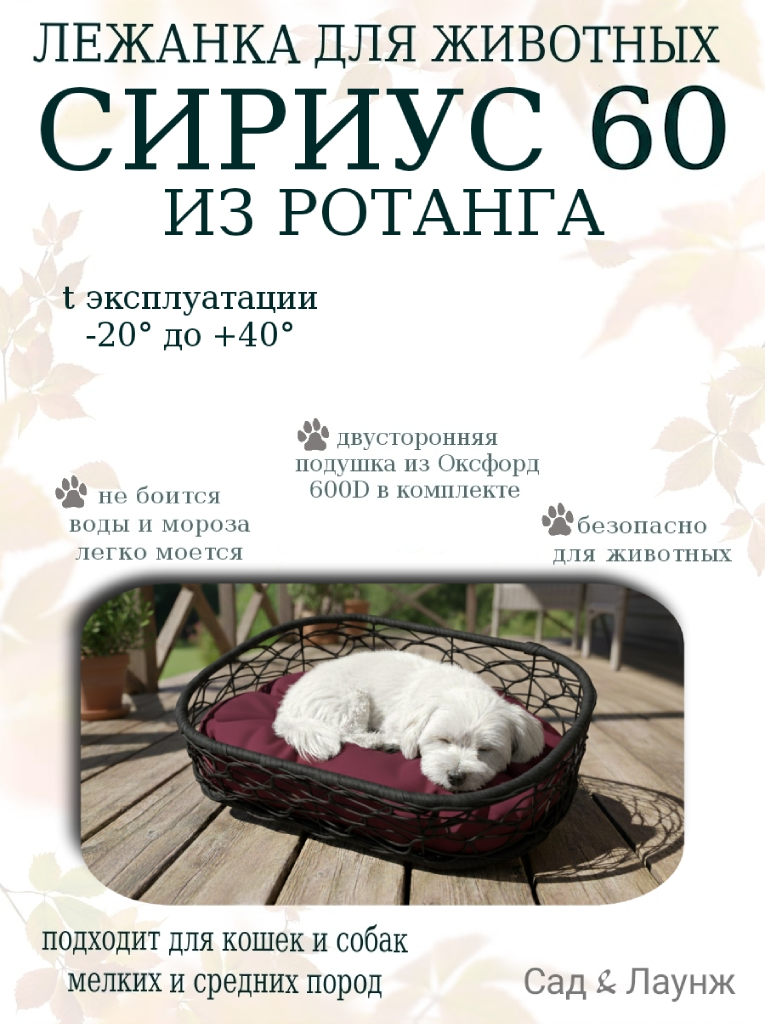 Лежанка «Сириус 60» для кошек и собак чёрная: ротанговое плетение, с бортиками, подушка бордовая