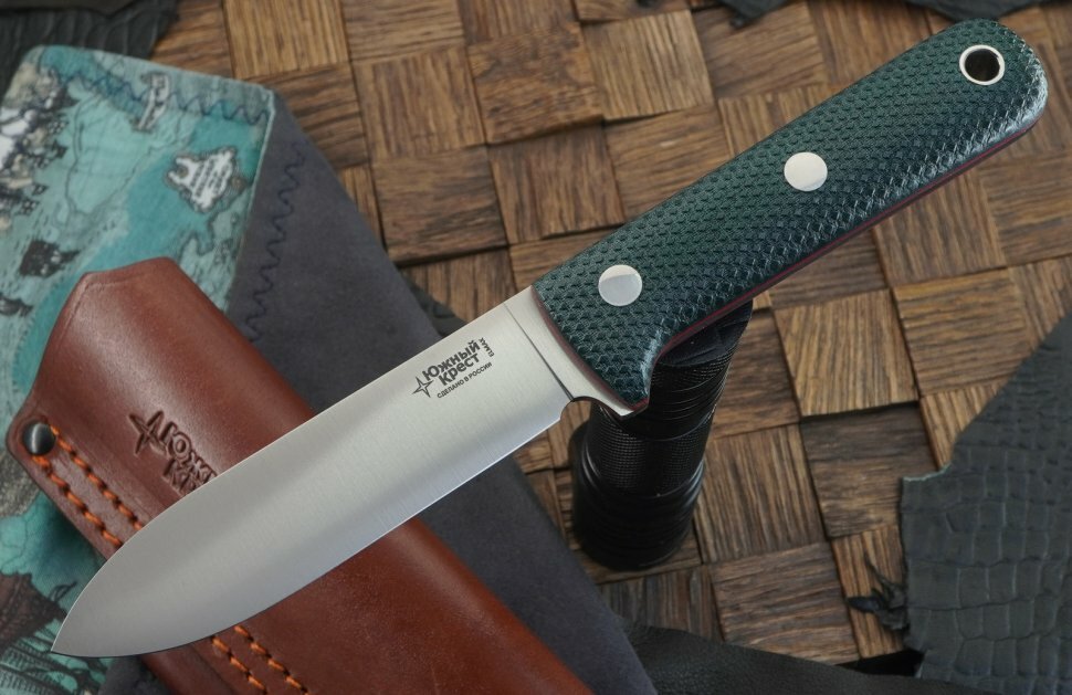 Нож Южный Крест Кефарт mini, сталь Elmax, линза, рукоять изумрудная микарта, насечка