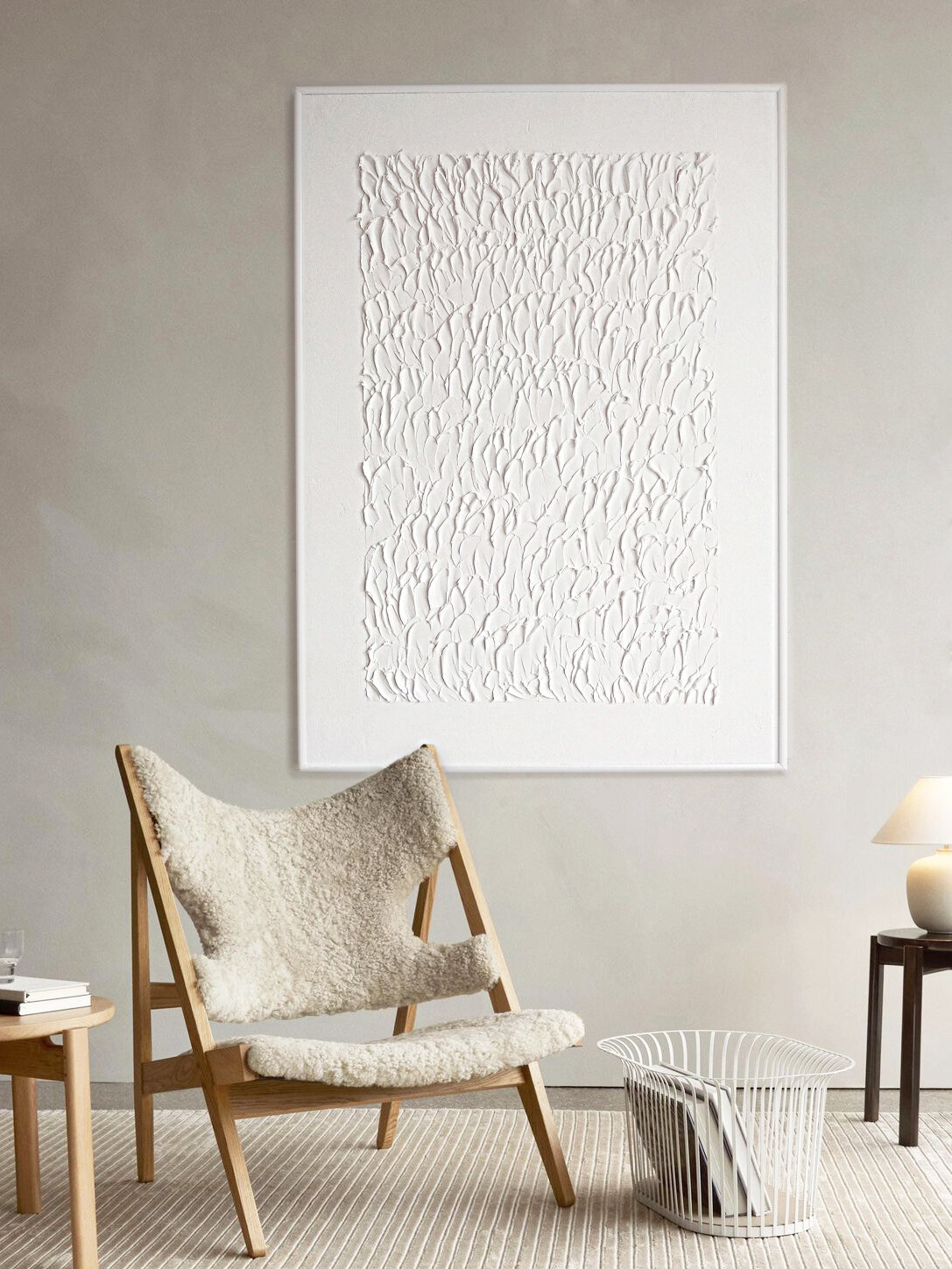 Картина "Белая фактура", фактурная живопись, в раме, 80х60 см, белая, ручная работа