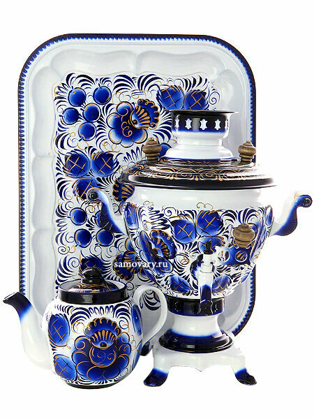 Электрический набор самовар 2 литра с художественной росписью Гжель с автоотключением