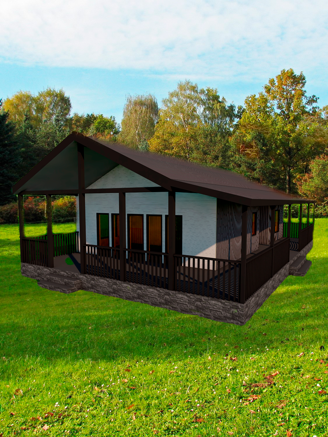 Проект одноэтажного каркасного дома 15,22х9,48 м с террасой и двумя спальнями