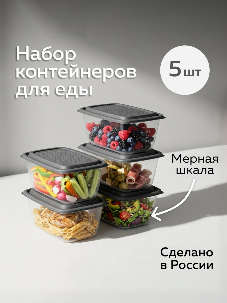 Набор контейнеров «Гурман», Альт-Пласт, графит, 1,5лх8 (5шт)