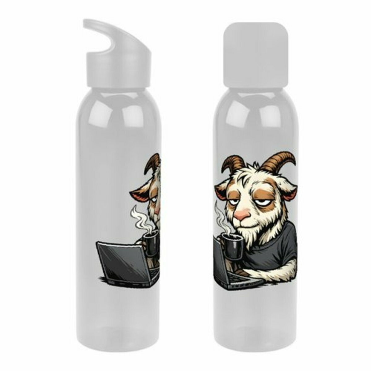 Бутылка для воды «Козел сидит за ноутбуком, держит чашку кофе» (серый)