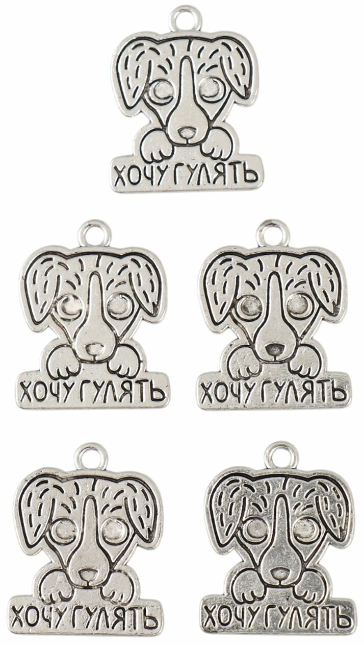 Декоративная подвеска "Пёсик: Хочу гулять", набор подвесных металлических заготовок для творчества и рукоделия с петелькой, в комплекте 5 шт, 2.1х2.5 см