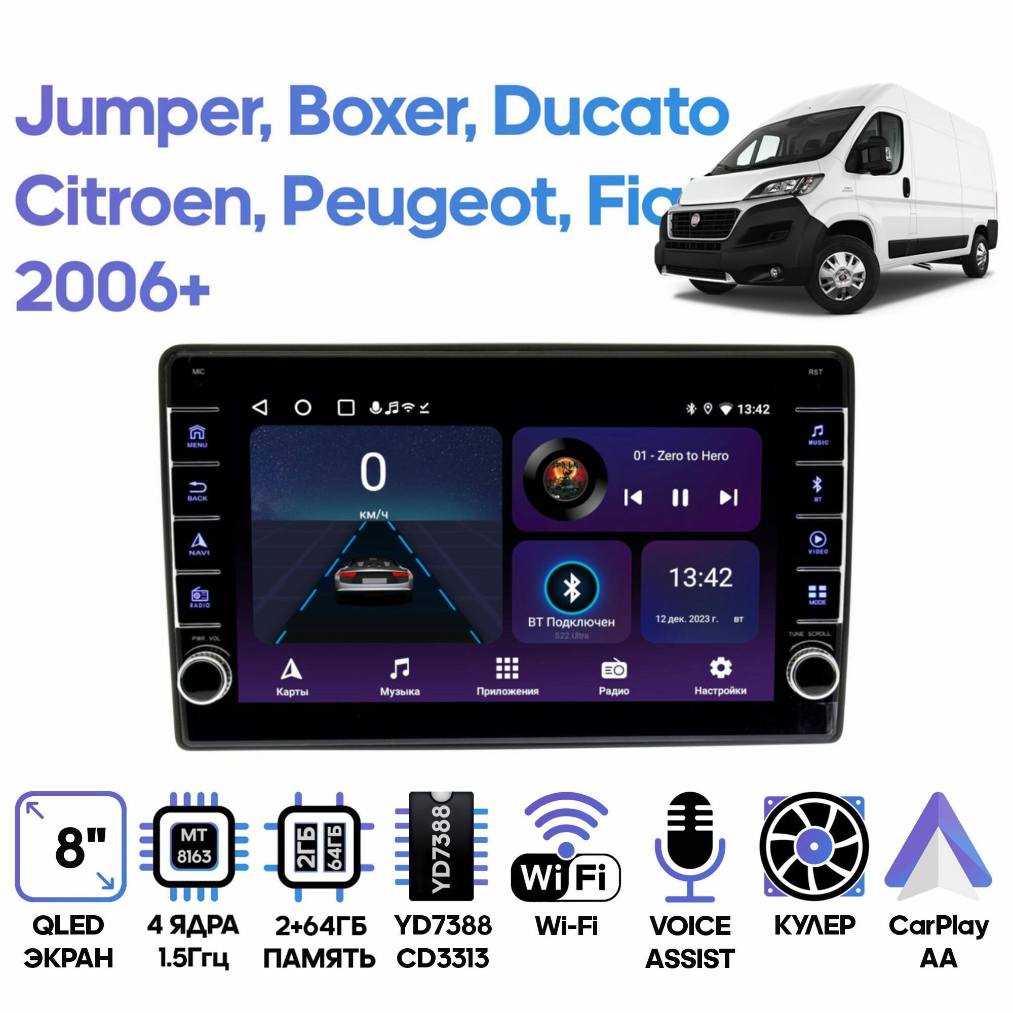 Магнитола Citroen Jumper Peugeot Boxer Fiat Ducato 2006+ / 8 дюймов, 2/64GB, 4 ядра, Wi-Fi, Android 9 / Wide Media