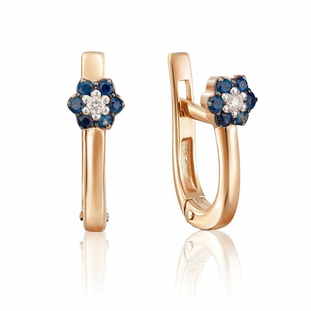 Серьги, красное золото, 585 проба, бриллиант, сапфир
