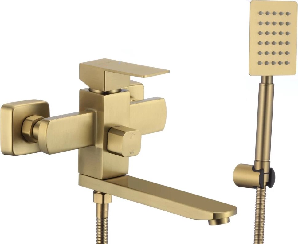 Смеситель для ванны Fmark FS8104C с душевым гарнитуром, золотой матовый