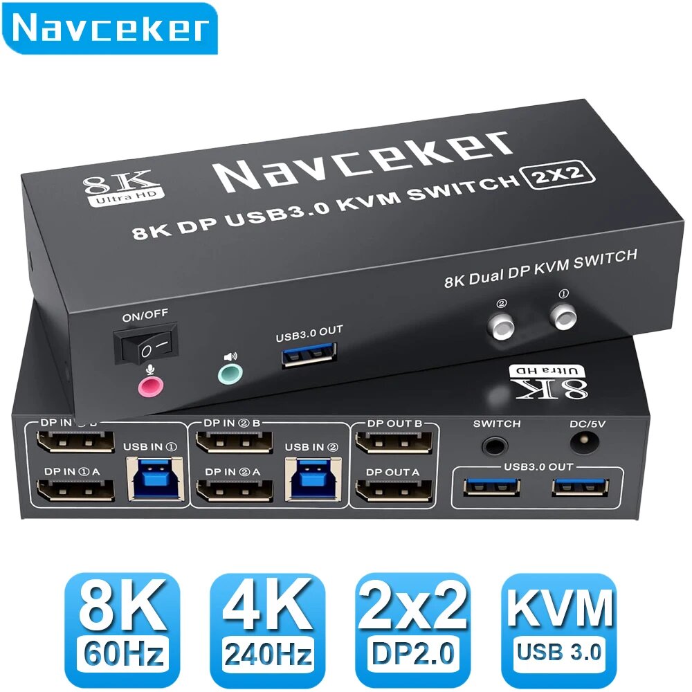 Navceker KVM-переключатель 4K 240Hz, DP 2.0, 2 монитора, EU Power Plug