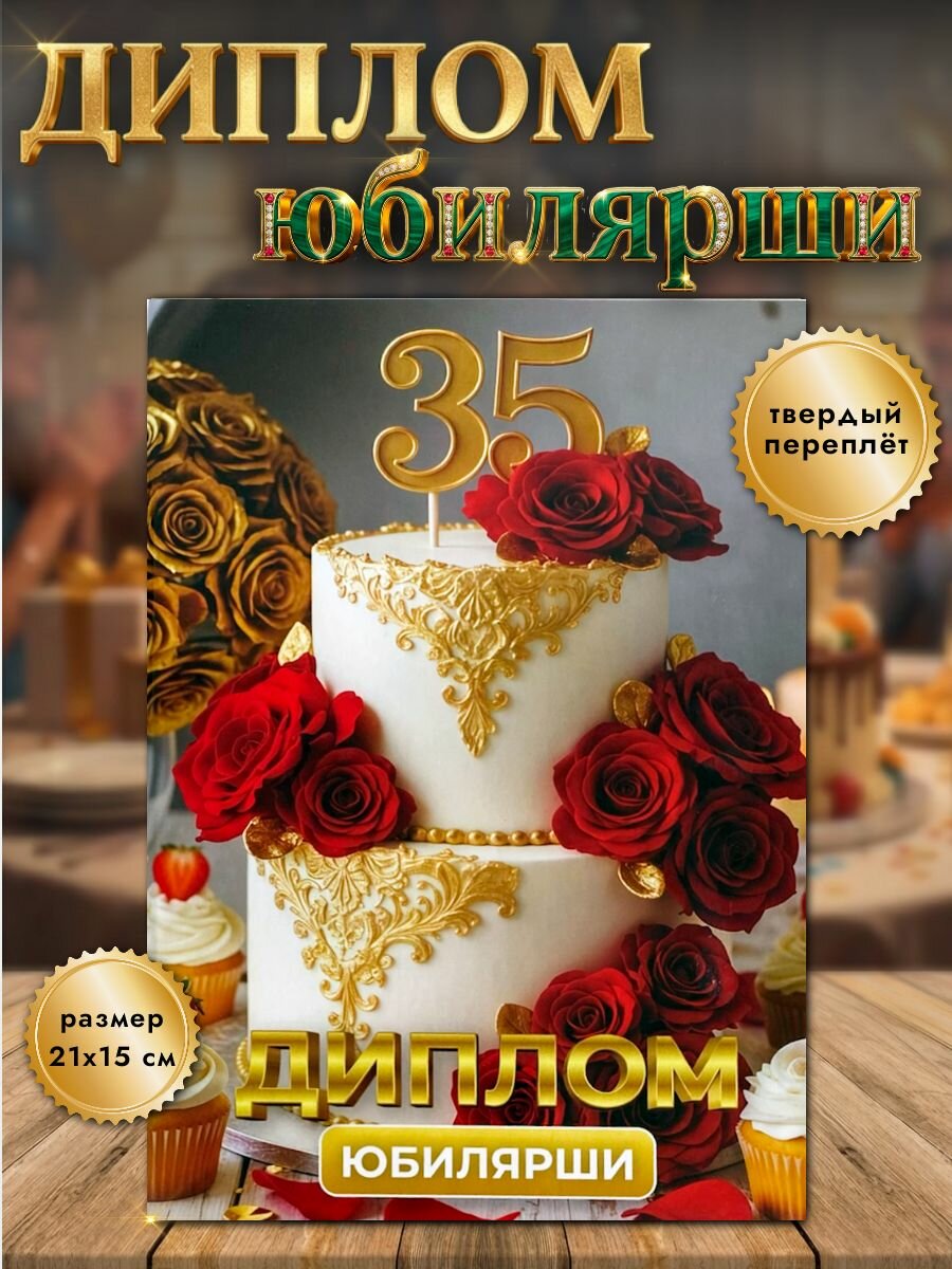 Диплом открытка подарочный "Юбилярша 35 лет", поздравительная открытка, подарок девушке на юбилей