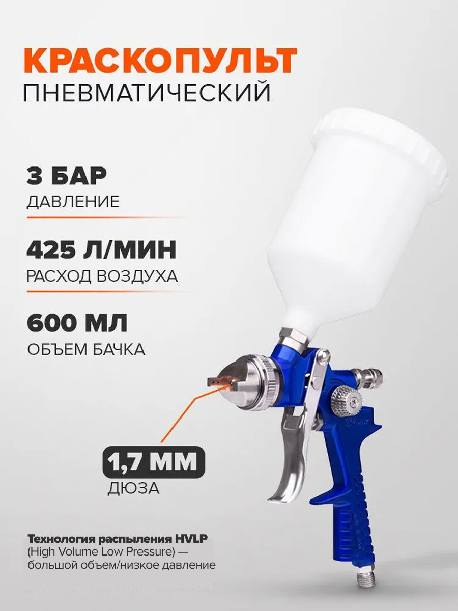 Краскопульт пневматический REMIX H-881 сопло 1.7 мм, 600 мл для авто, мебели, дерева, для компрессора/ с верхним бачком