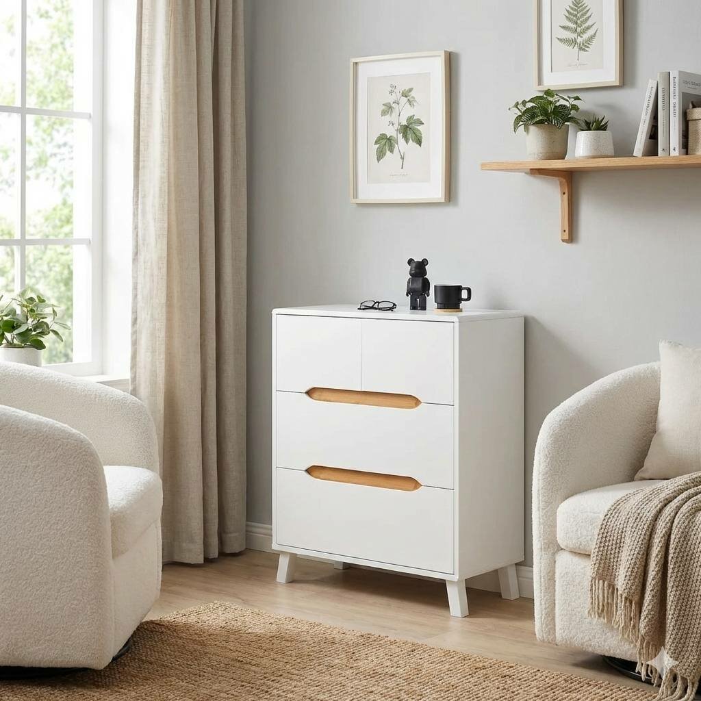 Комод вальо, деревянный, массив сосны, 4 выдвижных ящика, белый