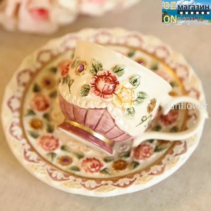 Сервиз кофейный, из керамики, белый, салатовый и светло-розовый, для чая и кофе — фото 1