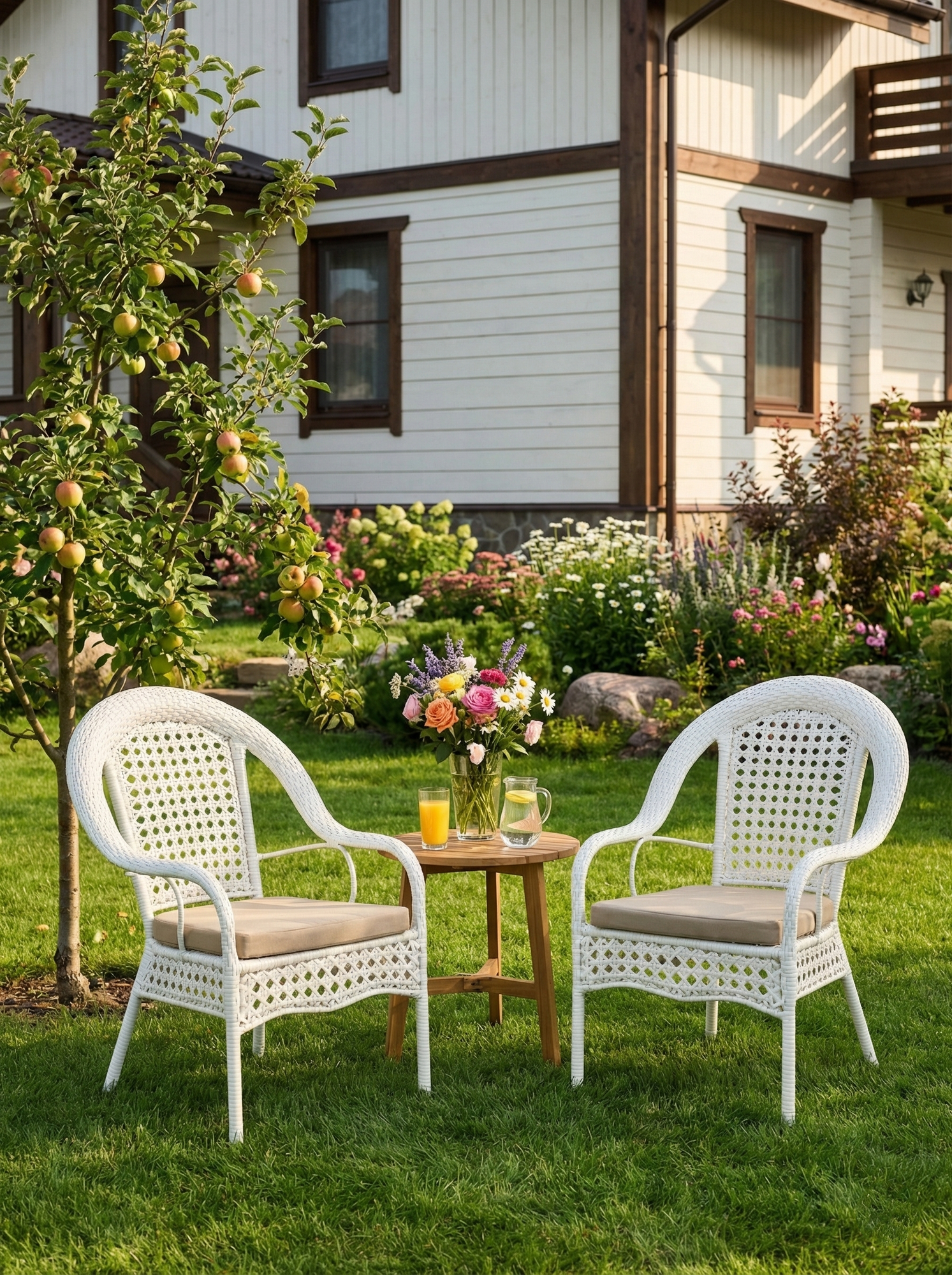 Кресло из искусственного ротанга Шампань (Champagne), белый, подушка бежевая, 2 шт