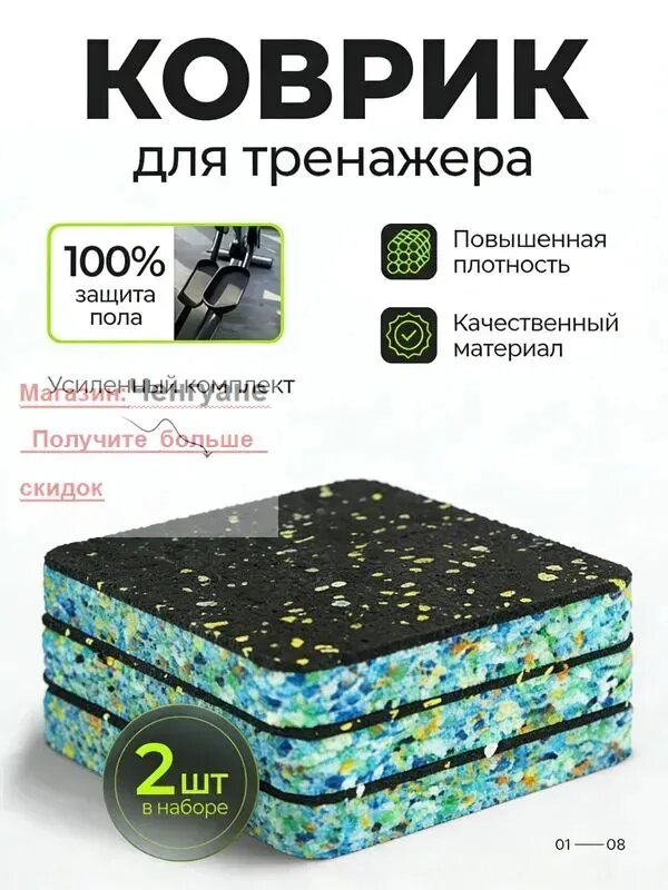 Коврик для беговой дорожки и тренажеров амортизационный 2 шт толщиной 1,5 см для защиты напольного покрытия и шумопоглощения