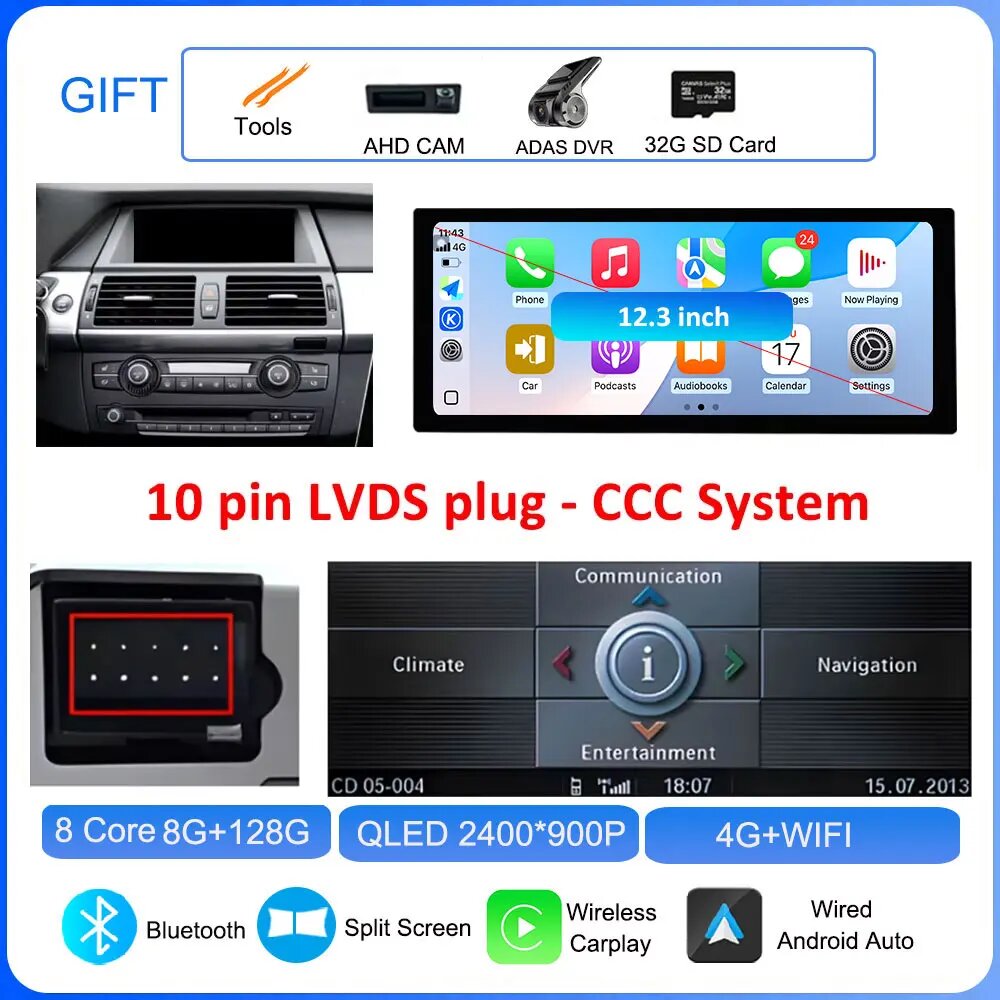 12,3 "для BMW X5 E70 X6 E71 2008 2009 2010-2013 CCC/CIC Android 15 System 4G BT CCC 8G 128G DVR