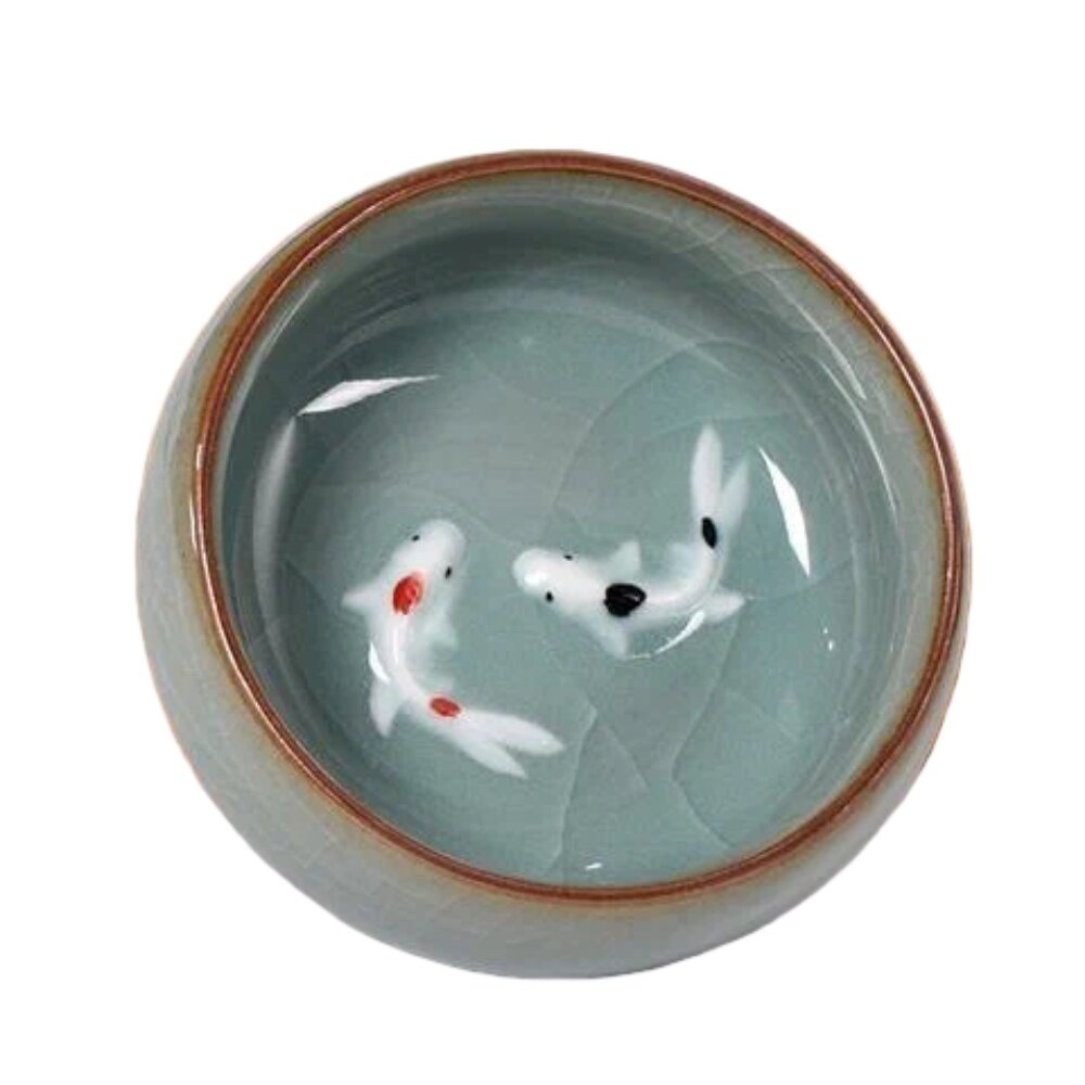 Чашка Longquan China "Рыбы", фаянс, ручная роспись, с декором, цвет серый, 60мл