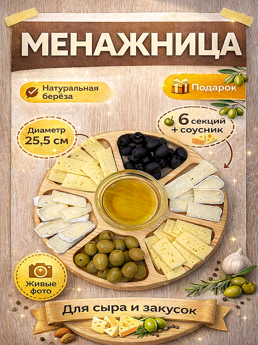 Менажница для сервировки, 7 секций, круглая, 25.5 см, натуральная береза