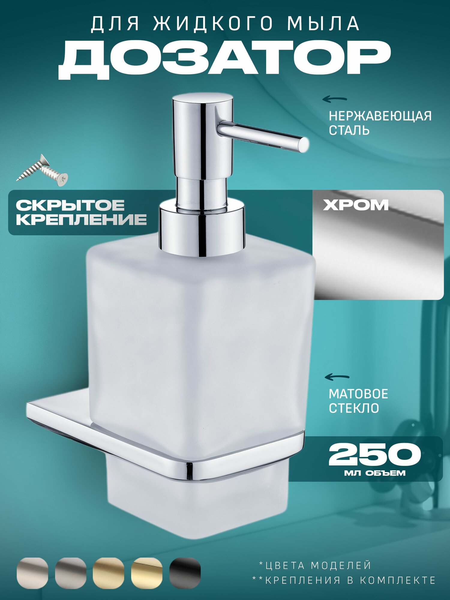 Дозатор-диспенсер для мыла/шампуня/геля для душа настенный из стекла 250 мл Grocenberg (Хром)