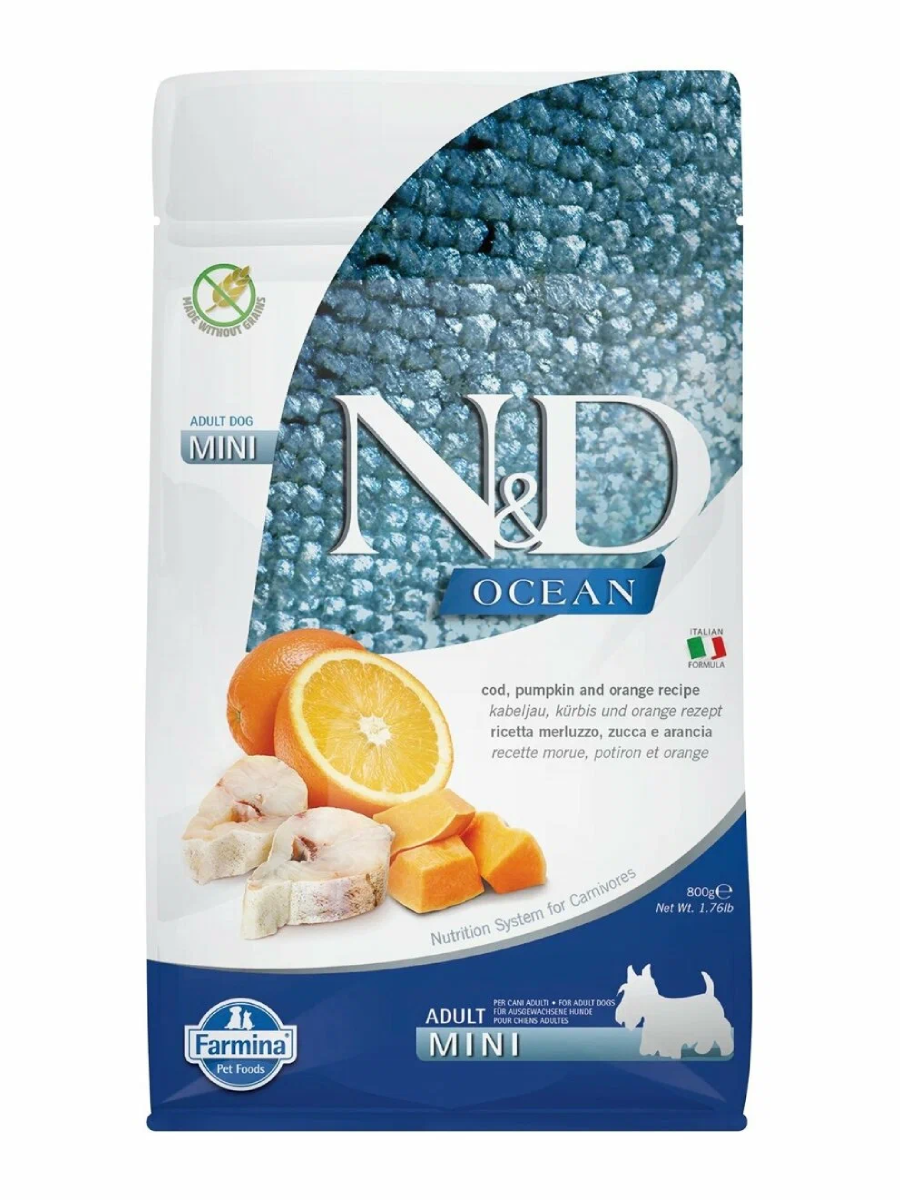 Сухой корм Farmina N&D Ocean (Фармина) для взрослых собак мелких пород с треской, апельсином и тыквой, 0,8 кг