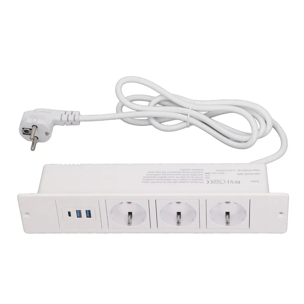 Утопленный удлинитель с 3 розетками и USB-C портом, белый — фото 1