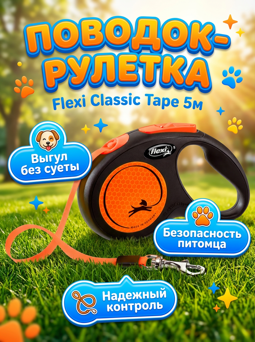 Поводок-рулетка Flexi New Neon tape M 5 м, 25кг, оранжевая
