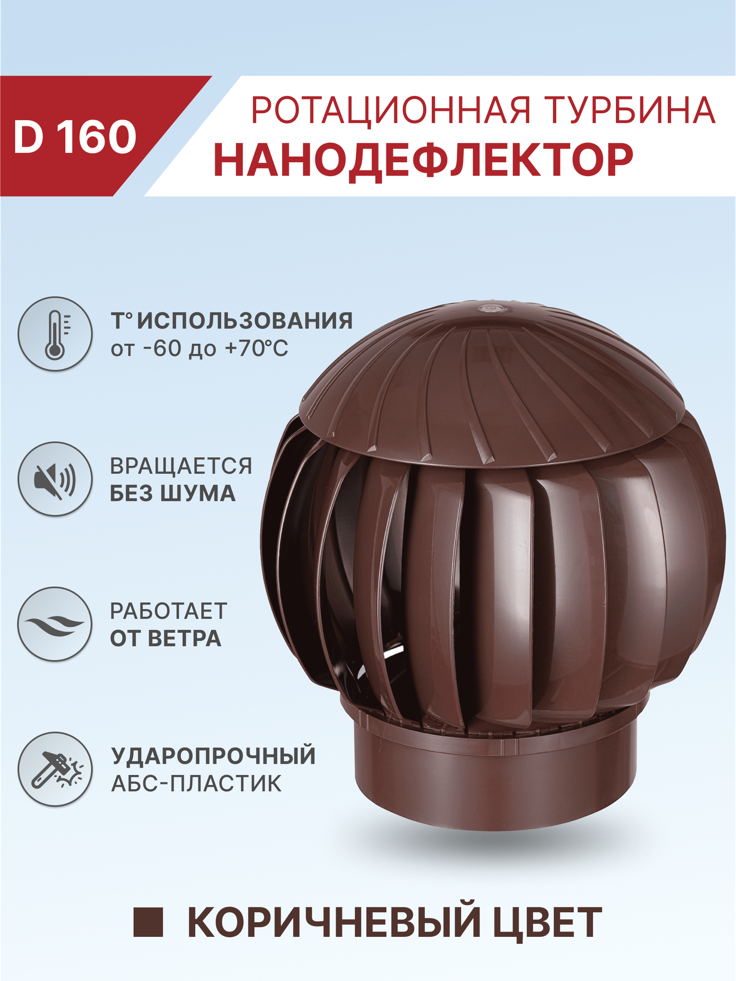 Ротационная вентиляционная турбина Нанодефлектор, для вытяжной и кровельной вентиляции, диаметр 160 мм, цвет коричневый