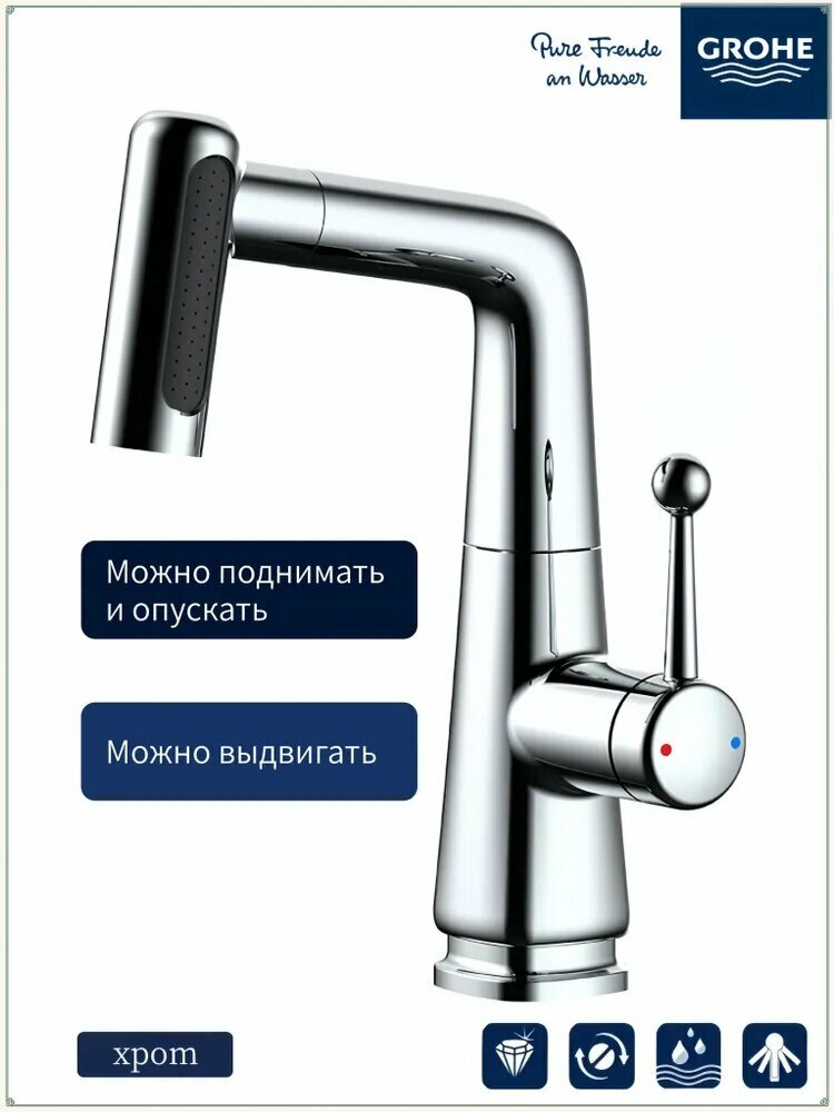 GROHE Телескопический смеситель для раковины, поворотный телескопический смеситель для раковины, дождевая душевая лейка, брызгозащищенный дизайн