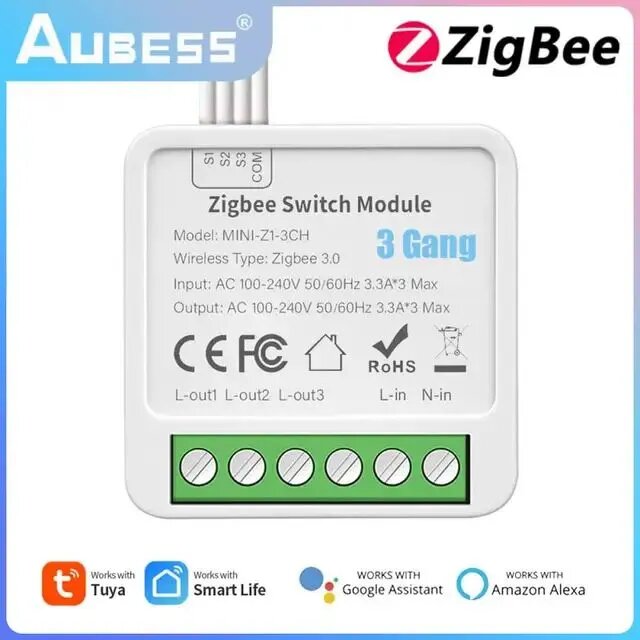 Контроллер умного дома - реле выключателя Tuya Zigbee 3 канала, 10А работает с Яндекс Алисой через шлюз ZigBee 3.0