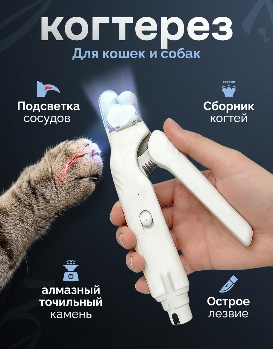 Когтерезка с подсветкой и контейнером для кошек и мелких-средних собак с ограничителем длины реза