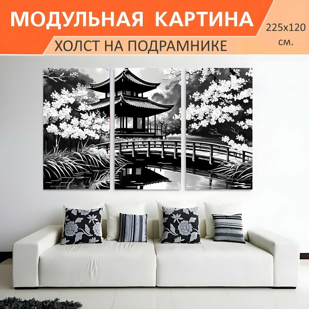 Модульная картина на холсте "Мастихиновая живопись в черно-белых тонах, изображающая традиционную восточную архитектуру с крышей в." триптих на подрамнике 225х120 см. для интерьера