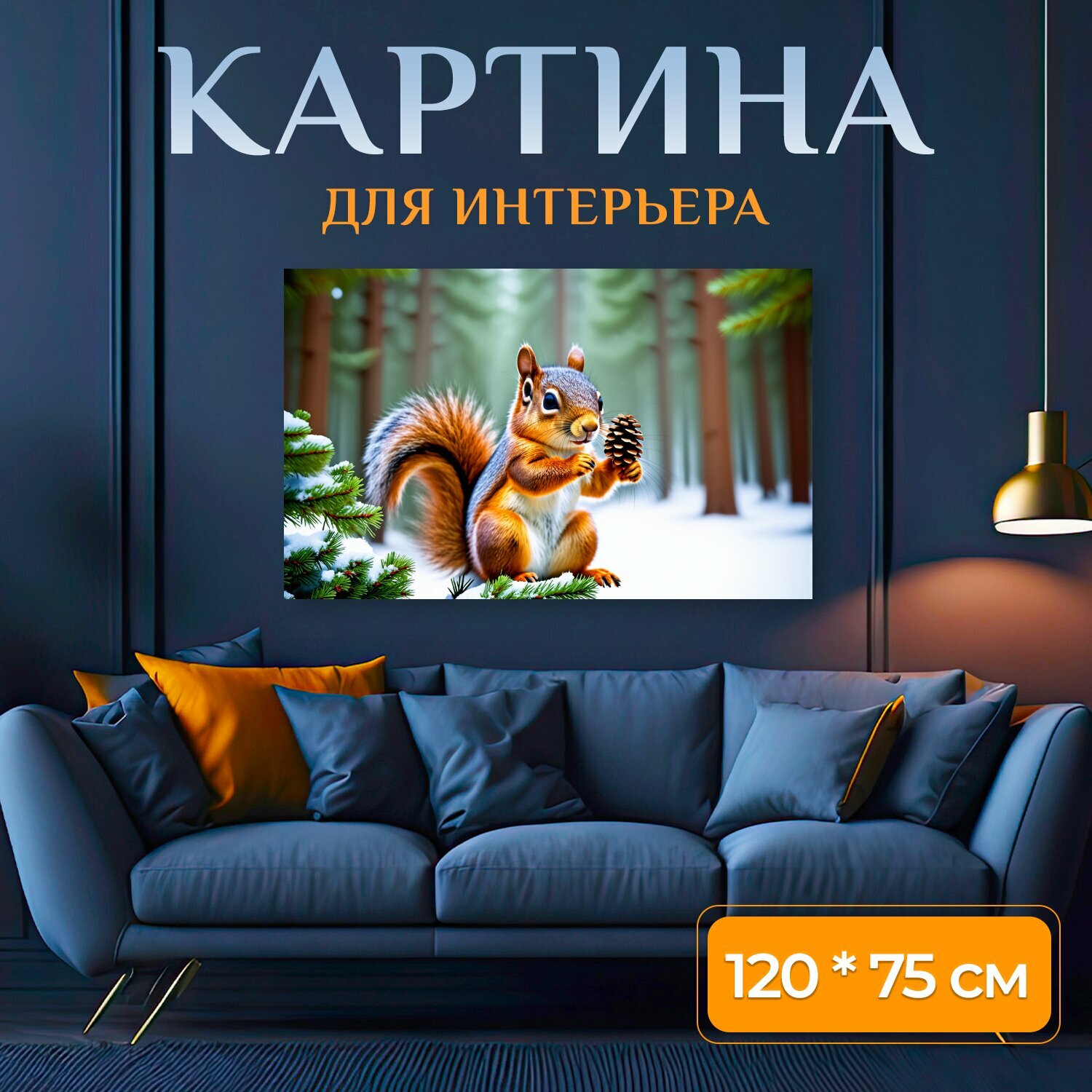 Картина на холсте "Белка, сидящая на заснеженной ветке сосны, держит в лапках еловую шишку, светлый зимний лес на заднем плане, мягкий." на подрамнике 120х75 см. для интерьера
