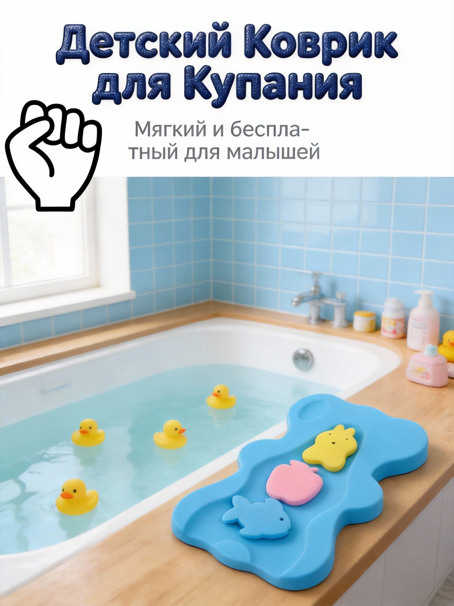 Матрасик-горка для купания новорожденных, компактная подставка 50 х 30 х 5,5 см для узкой ванночки, взрослой ванны и душевой кабины, синий